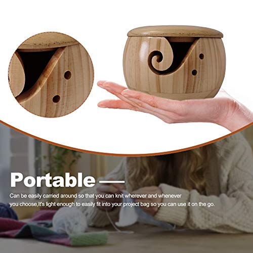 SYCOOVEN with Lid Yarn Storage Wooden Yarn Bowl Organizer, Knitting Wool Storage Basket Round with Holes, Handmade Craft Crochet Kit Organizer Perfect for Mother's Gift(Bamboo)