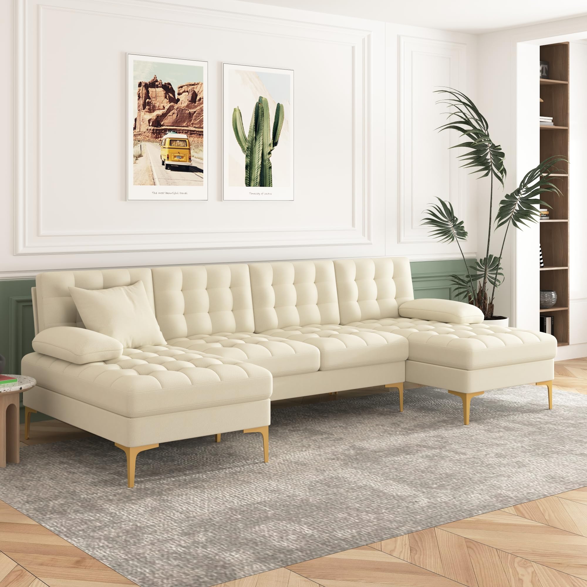 VERYKE U Shape Sectional Sofa Couch,Modern 110'' Linen Button Tufted Sectional Couch Sofa, Upholstered Sofa Bed with Metal Legs for Living Room
