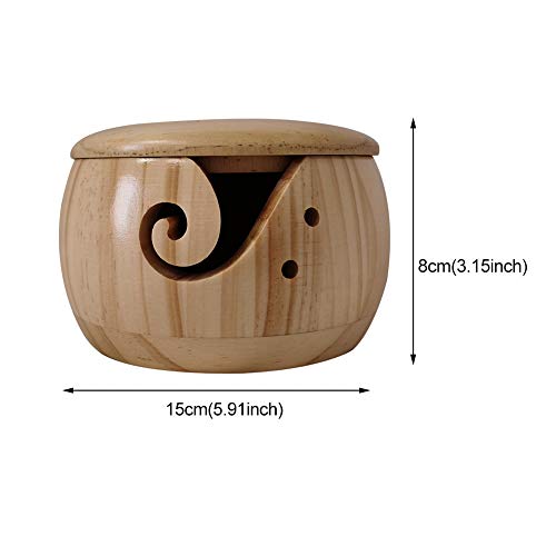 SYCOOVEN with Lid Yarn Storage Wooden Yarn Bowl Organizer, Knitting Wool Storage Basket Round with Holes, Handmade Craft Crochet Kit Organizer Perfect for Mother's Gift(Bamboo)
