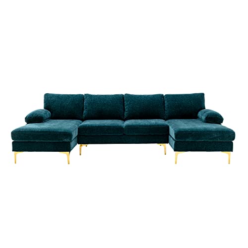 Goohome 110.63”U-Shaped Sectional Sofa with Double Extra Wide Lounge, Removable Washable Cover, Gold Legs, Modular Sleeper Couch Chaise Modern 5 Seater Sofá for Living Room, Bedroom, C-Teal Blue