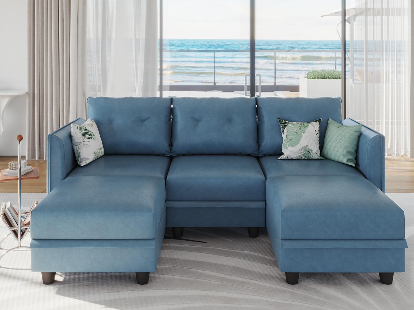LLappuil Modular Sectional Sofa, Convertible U Shaped Couch with Storage, Faux Leather Fabric Waterproof Sectional Couch for Living Room, 86.2" Width, 5 Seat Modular Sofa, Navy Blue