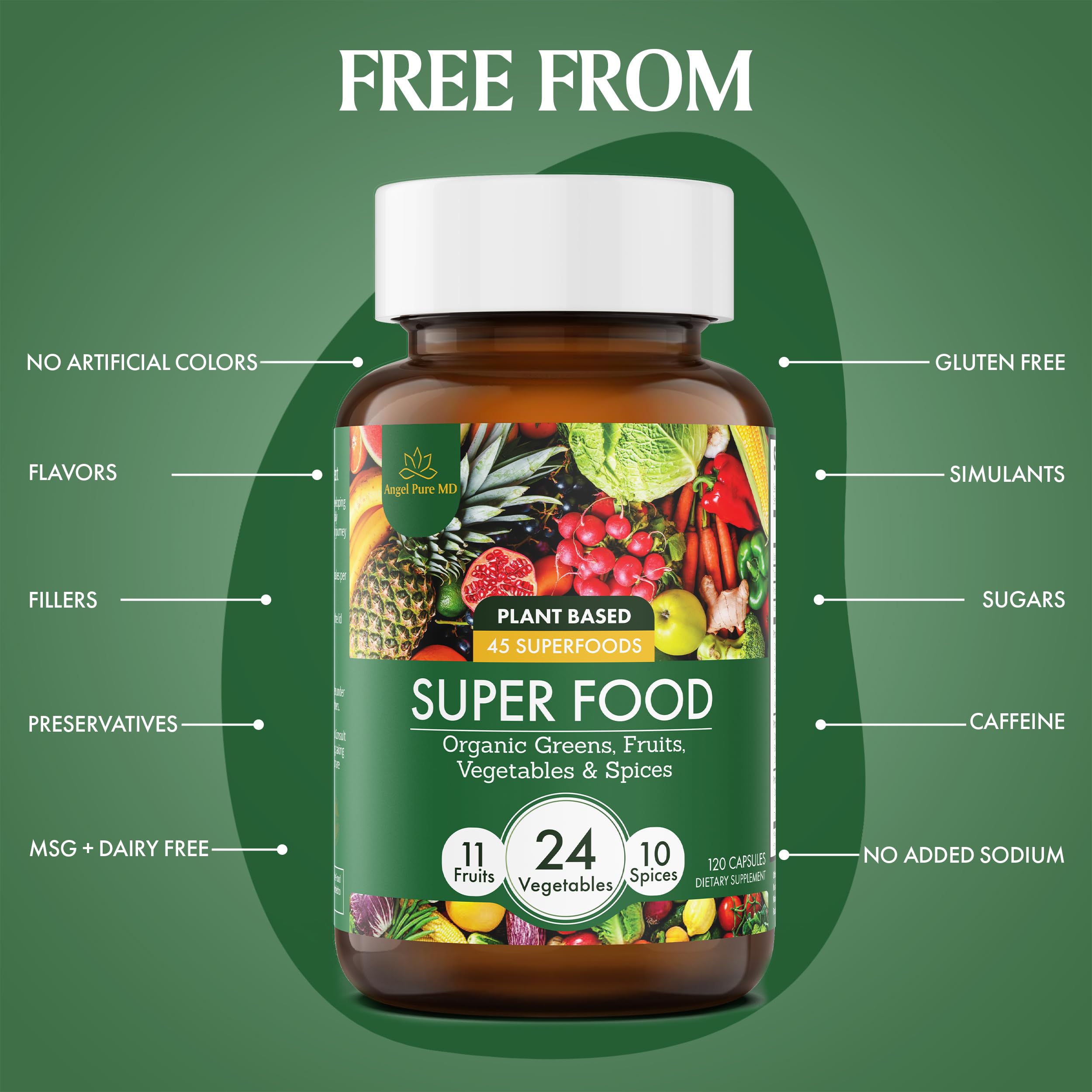 Angel Pure MD Superfood Greens Fruit and Veggies Supplement - USDA Organic Super Greens & Super Reds Vegetable Supplements for Adults - Cruciferous Vegetables Supplement for Immunity & Gut Health