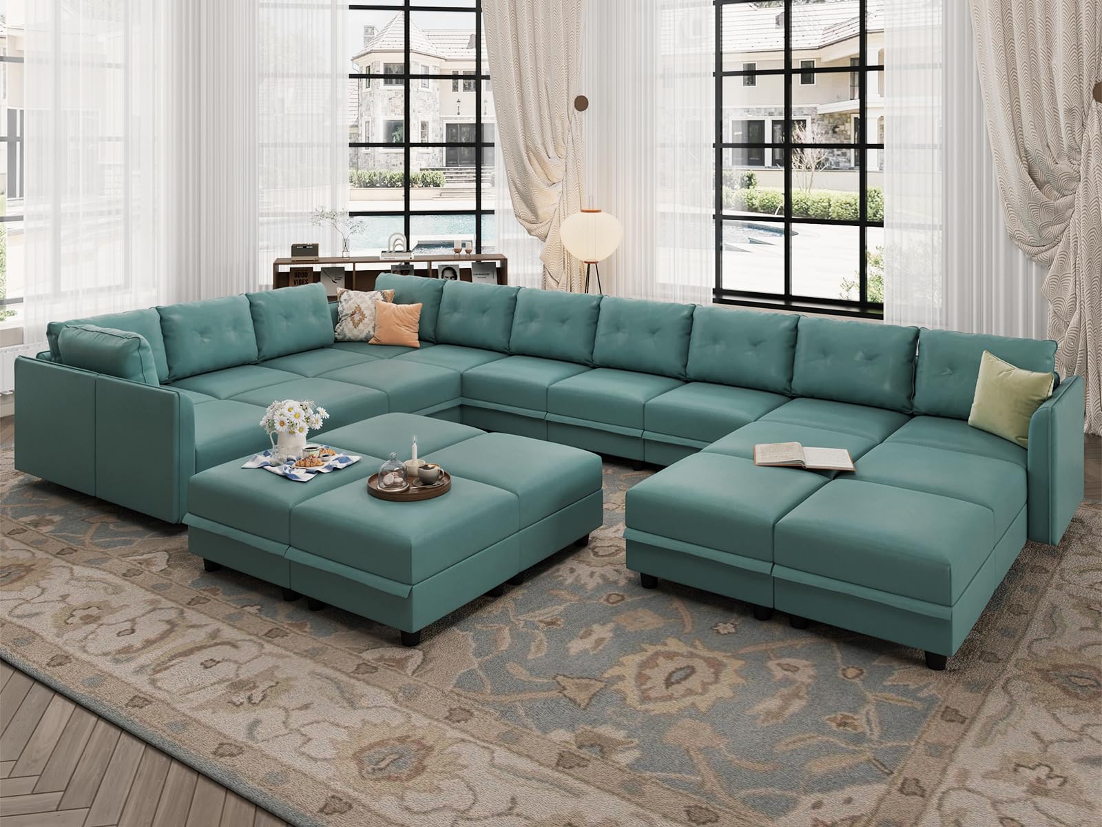 LLappuil Oversized Modular Sofa 21 Seater Sectional Couch with Storage, Large Faux Leather Fabric Waterproof U Shaped Sectional Couch for Living Room, Aqua Blue