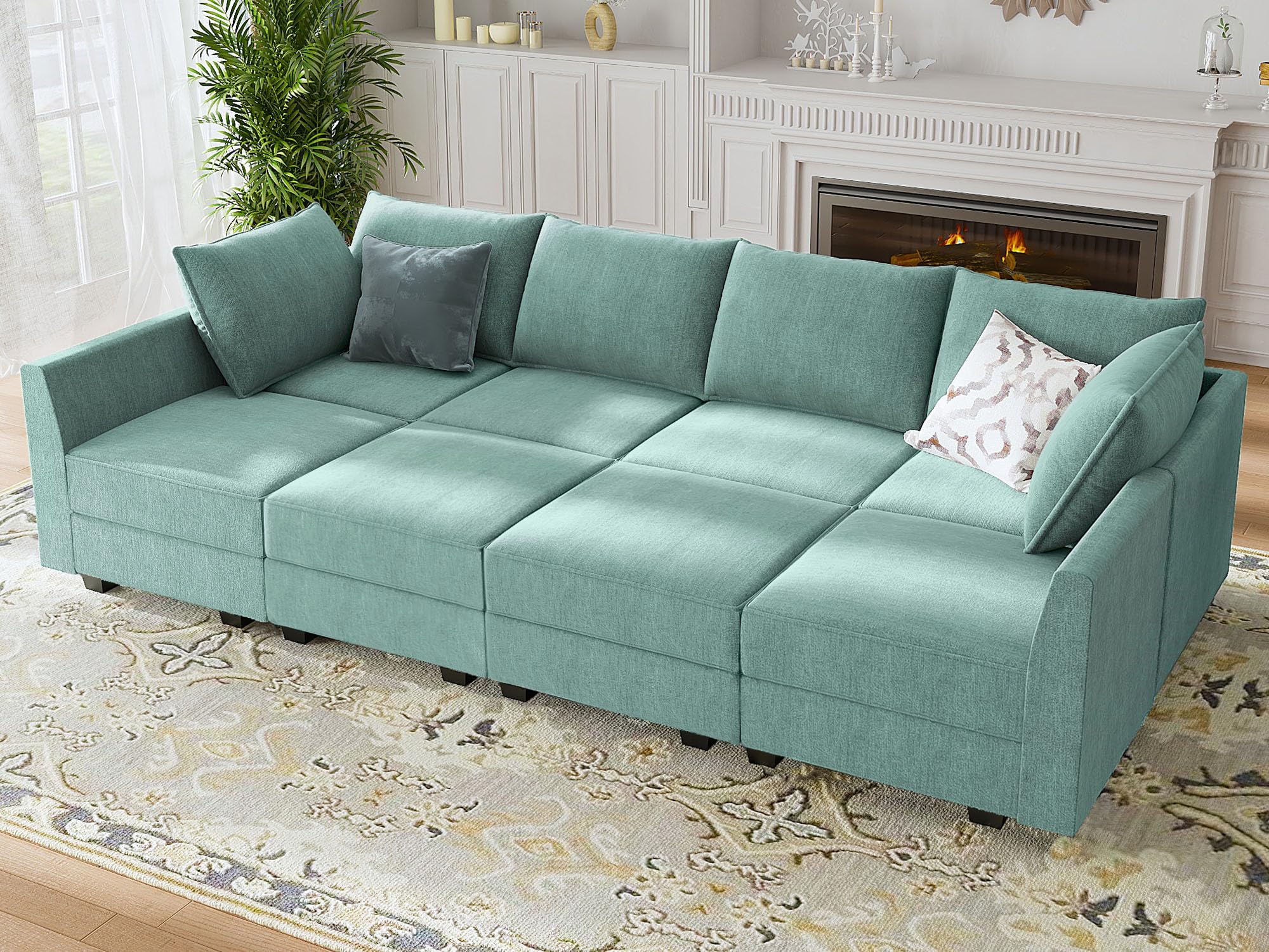 HONBAY Convertible Sleeper Sectional Sofa Modular Couch with Storage Seat Reversible Sectional Sleeper Couch with Modular Sectional Couch in Aqua Blue