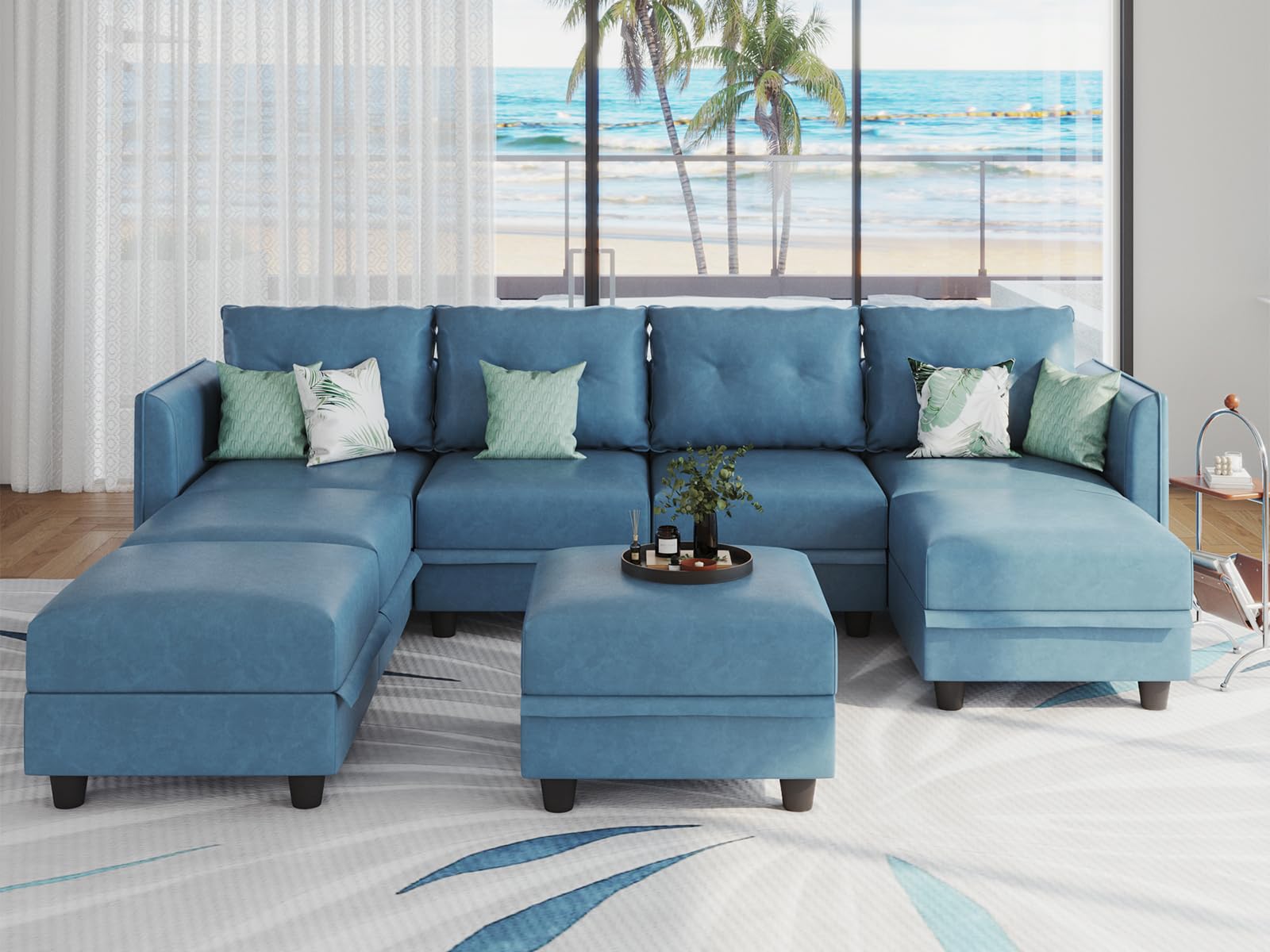 LLappuil Modular Sectional Couch with Reversible Chaise Faux Leather Fabric Oversized 8 Seater U Shaped Sectional with Storage Convertible Sofa Sleeper Couch, Navy Blue