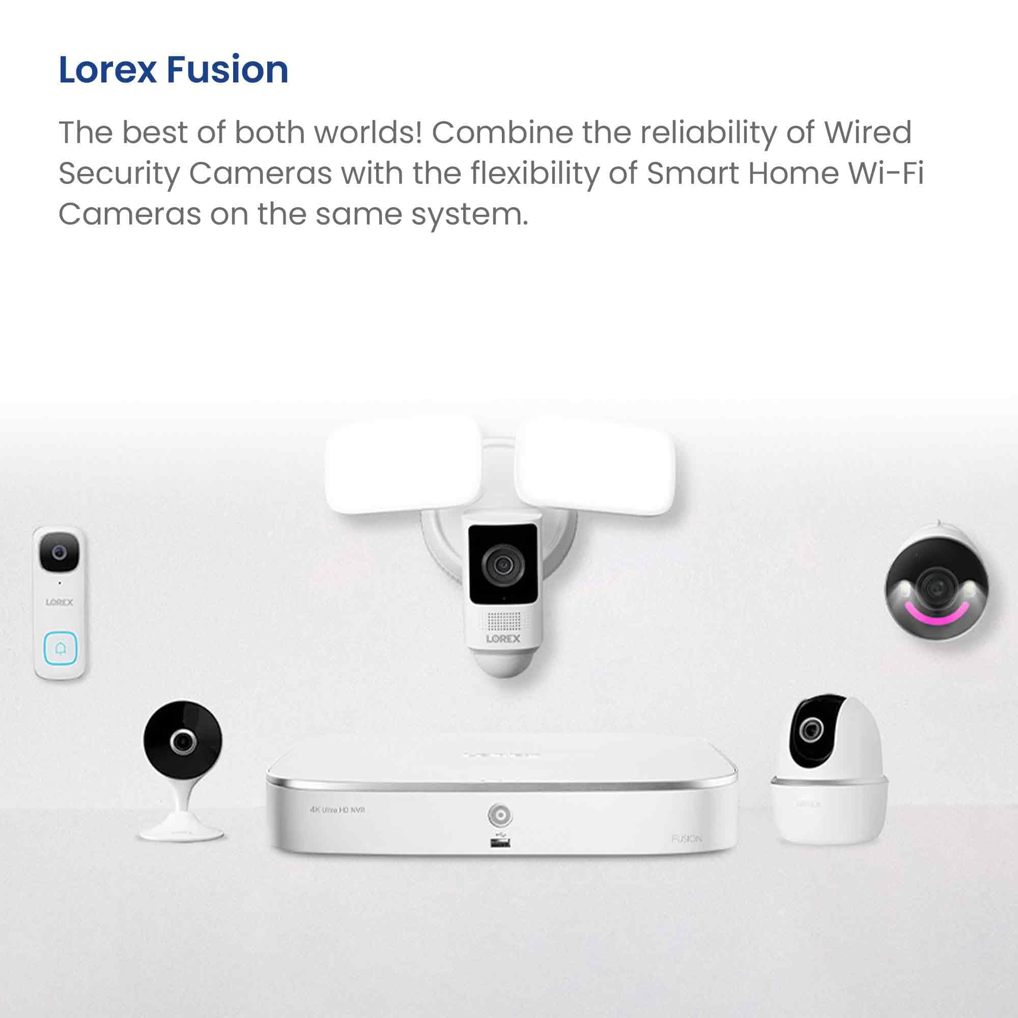 Lorex 4K Fusion 16-Channel (8 Wired + 8 Wi-Fi) 2TB NVR System with 5 Bullet Cameras Featuring Smart Security Lighting