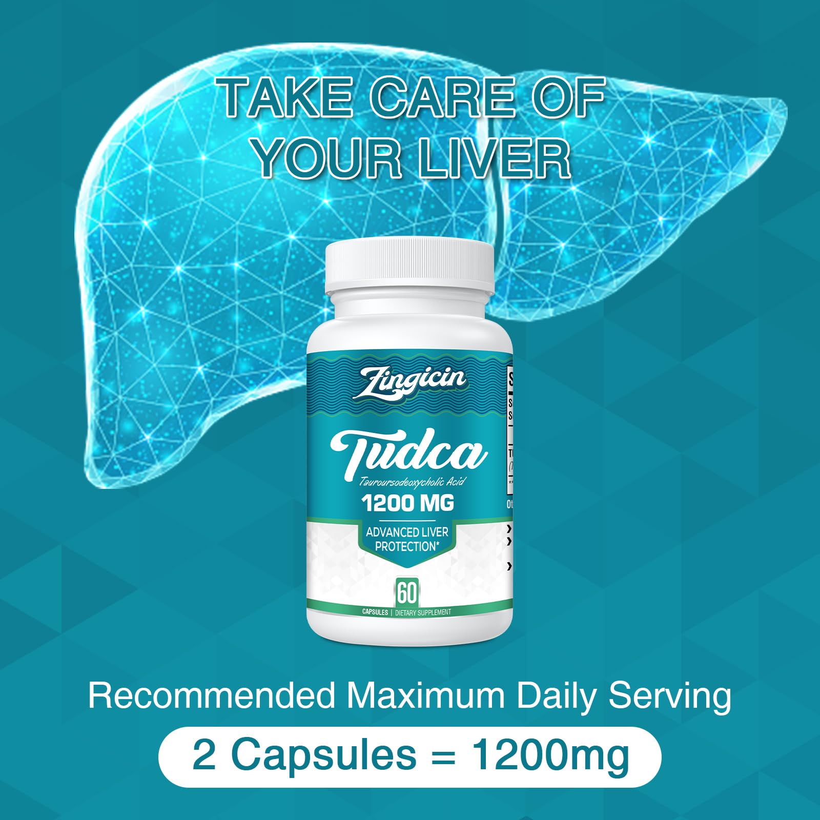 Zingicin TUDCA Supplement 1200mg - 60 Veggie Capsules,Powerful TUDCA Bile Salts Supplements for Liver,Digestion