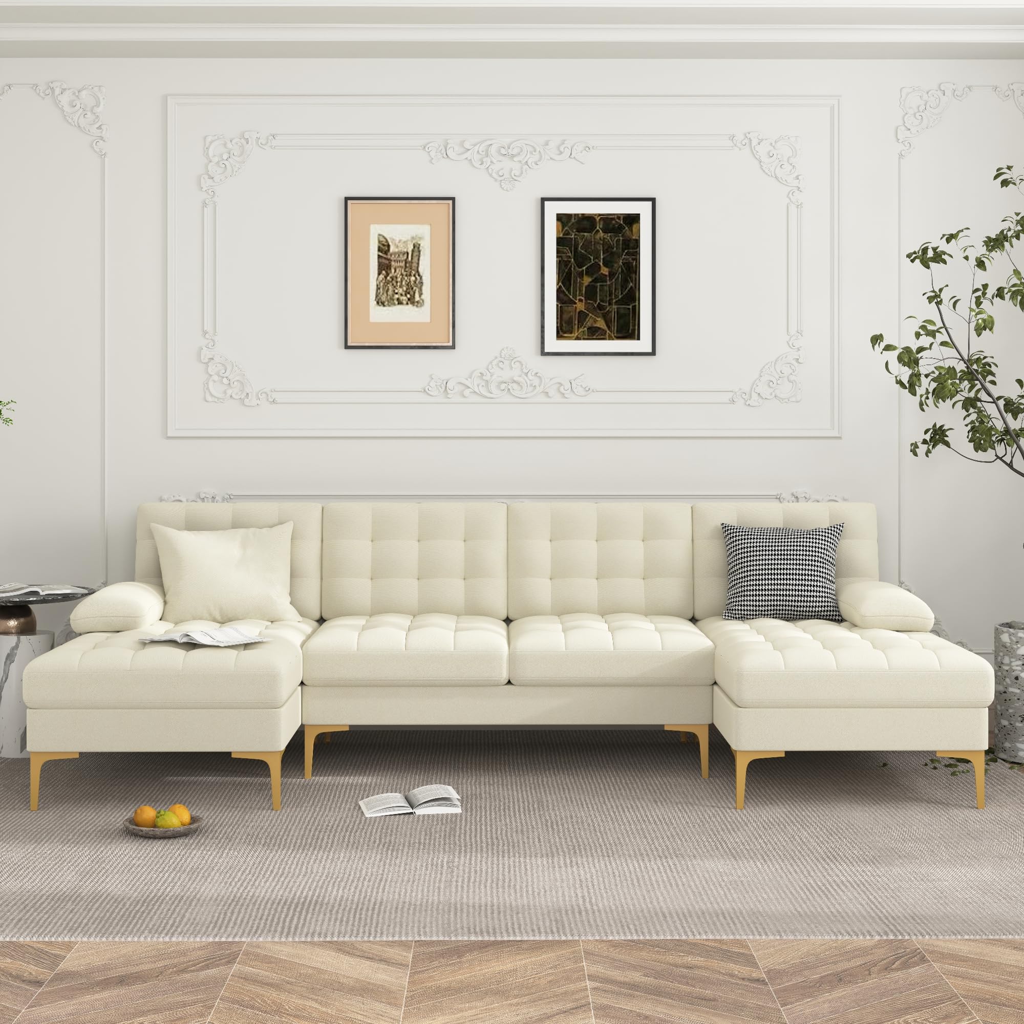 VERYKE U Shape Sectional Sofa Couch,Modern 110'' Linen Button Tufted Sectional Couch Sofa, Upholstered Sofa Bed with Metal Legs for Living Room
