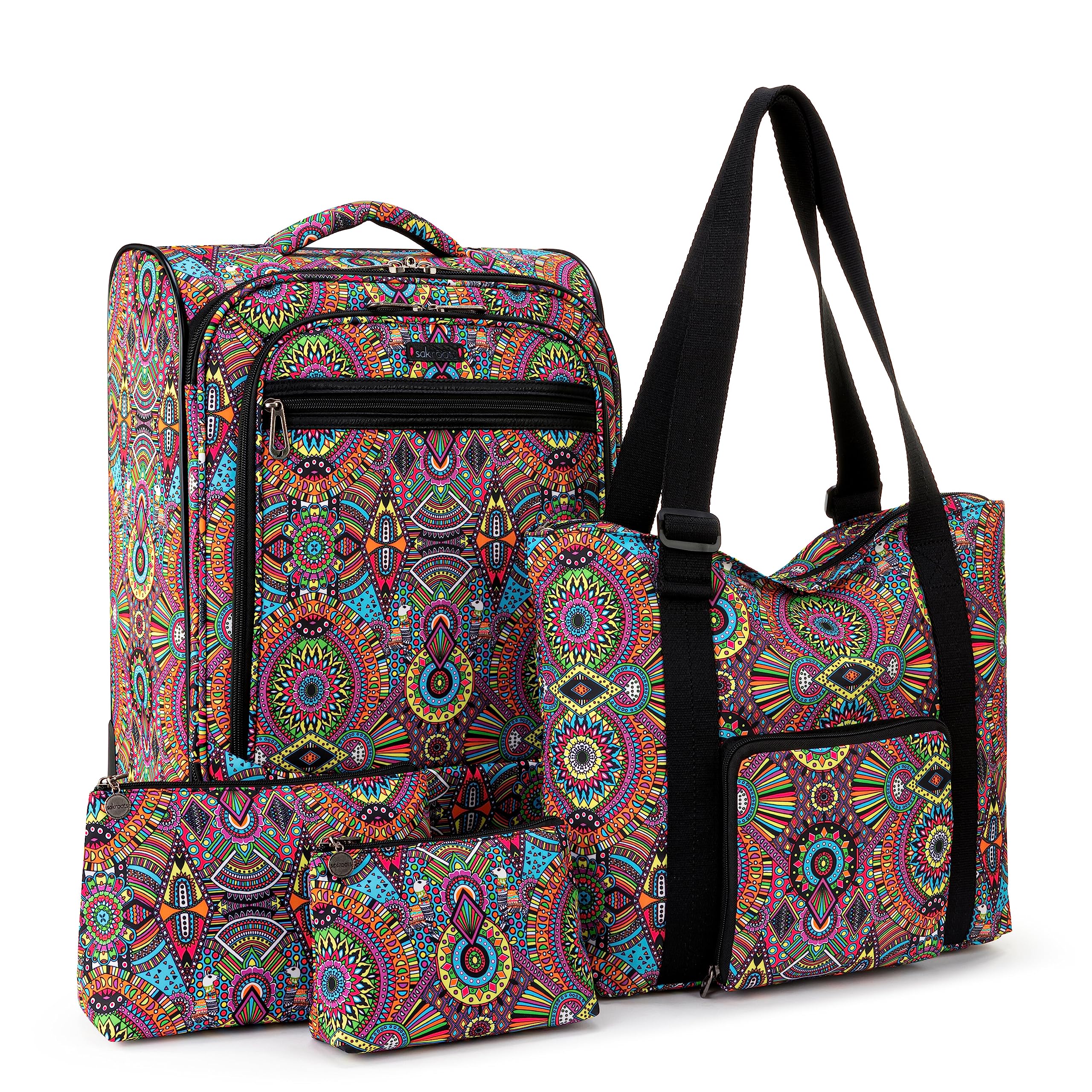 Sakroots On the Go 4 Piece Travel Bundle, Includes 21" Rolling Suitcase, Packable Large Tote, Medium & Small Pouches, Rainbow Wanderlust