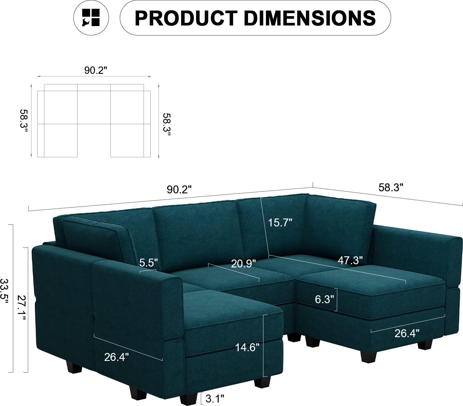 Belffin Sectional U Shaped Sofa Small Reversible Chaise Sectional Couch Convertible Ottoman Modular Sofa Couch Peacock Blue