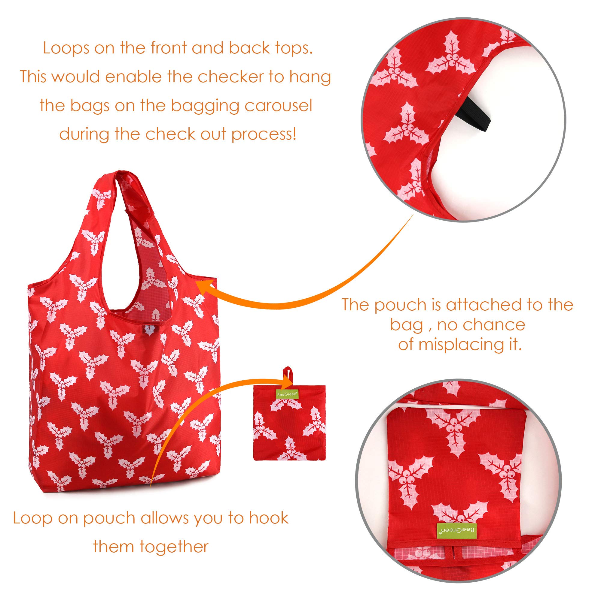 BeeGreen Christmas Red Reusable Grocery Bags 12 Pack with Storage Pouch & Elastic Band Gift Bags Shopping Tote Bags Bulk Ripstop 50LBS Extra Large Foldable Machine Washable