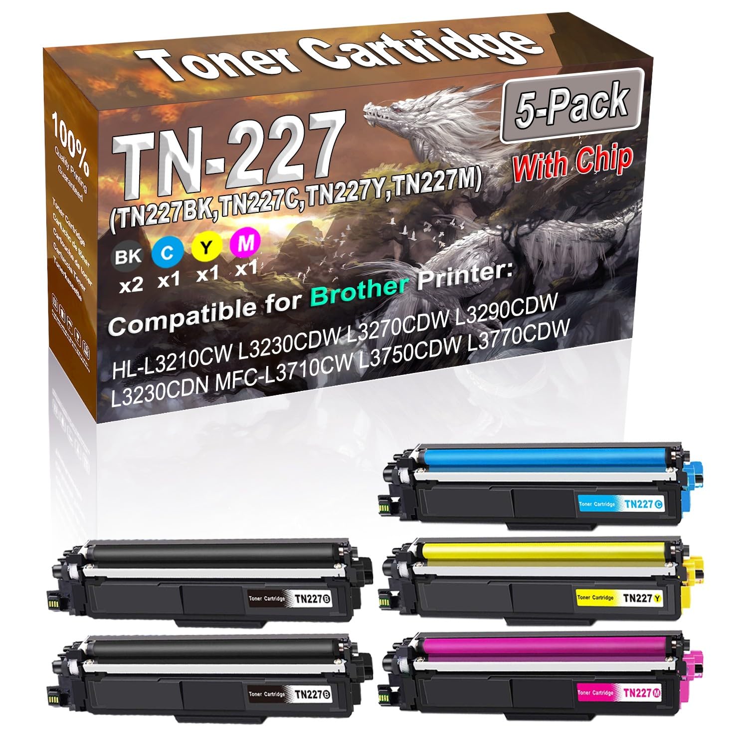 5-Pack (2BK/C/Y/M) Compatible High Capacity TN227 (TN-227BK TN-227C TN-227Y TN-227M) (With Chip) Imaging Toner Cartridge Used for HL-L3210CW L3230CDW L3270CDW L3290CDW L3230CDN MFC-L3710CW Printer