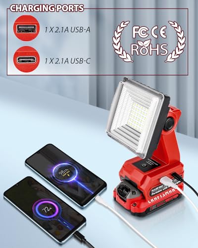 Adisipsoarin Cordless LED Work Light for Craftsman V20 Battery, 25W LED Floodlight with USB-A&USB-C 2.1A Fast Charging Ports for Jobsite, Car Repairing, Camping, Emergency