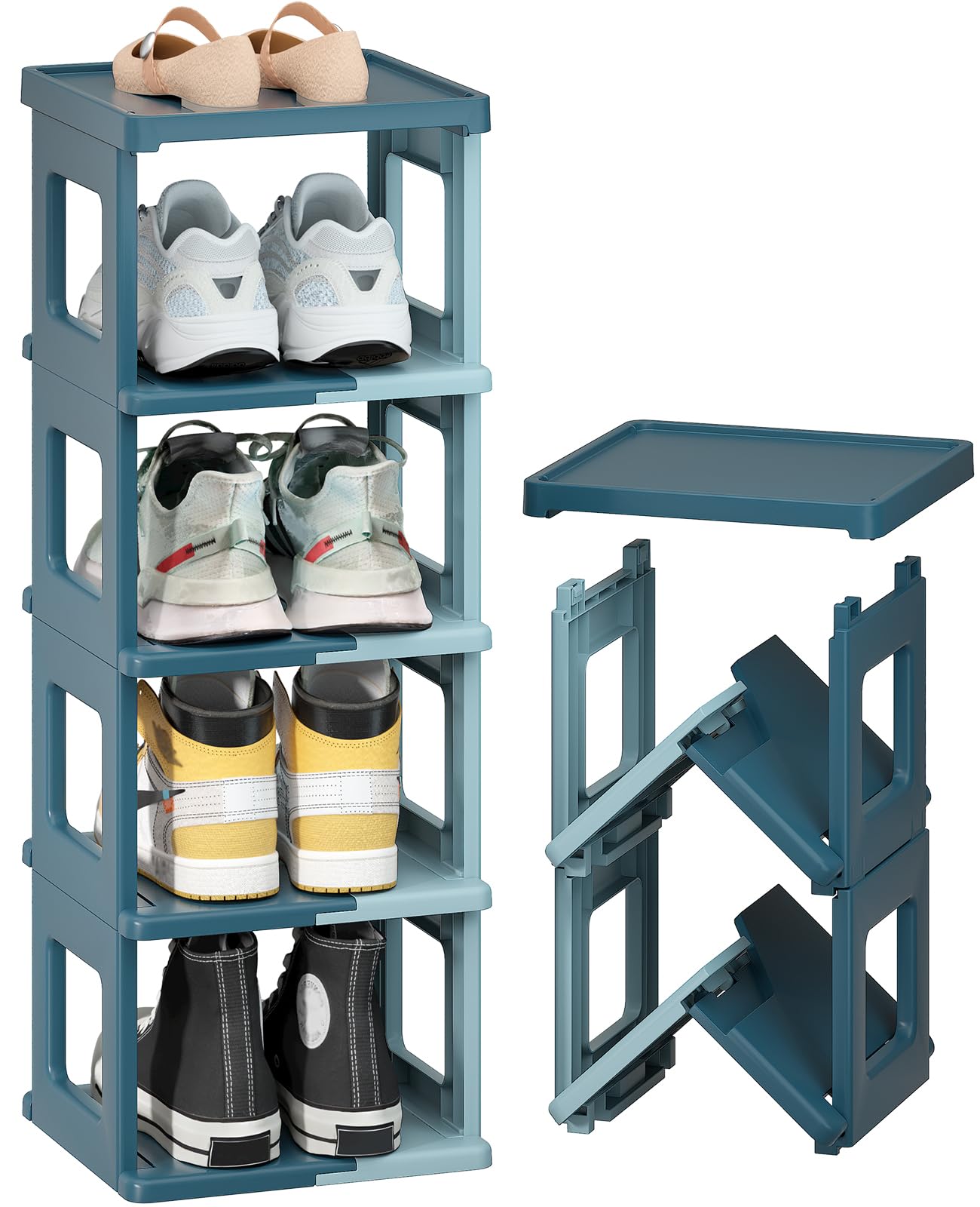 HAIXIN Shoe Rack Organizer, 5 Tier Collapsible Shoe Storage Cabinet Entryway, Sneaker Rack for Men, Sturdy Wide Shoe Stand, Free Standing Shoe Racks for Bedroom, Closet, Garage(Dark & Light Blue)