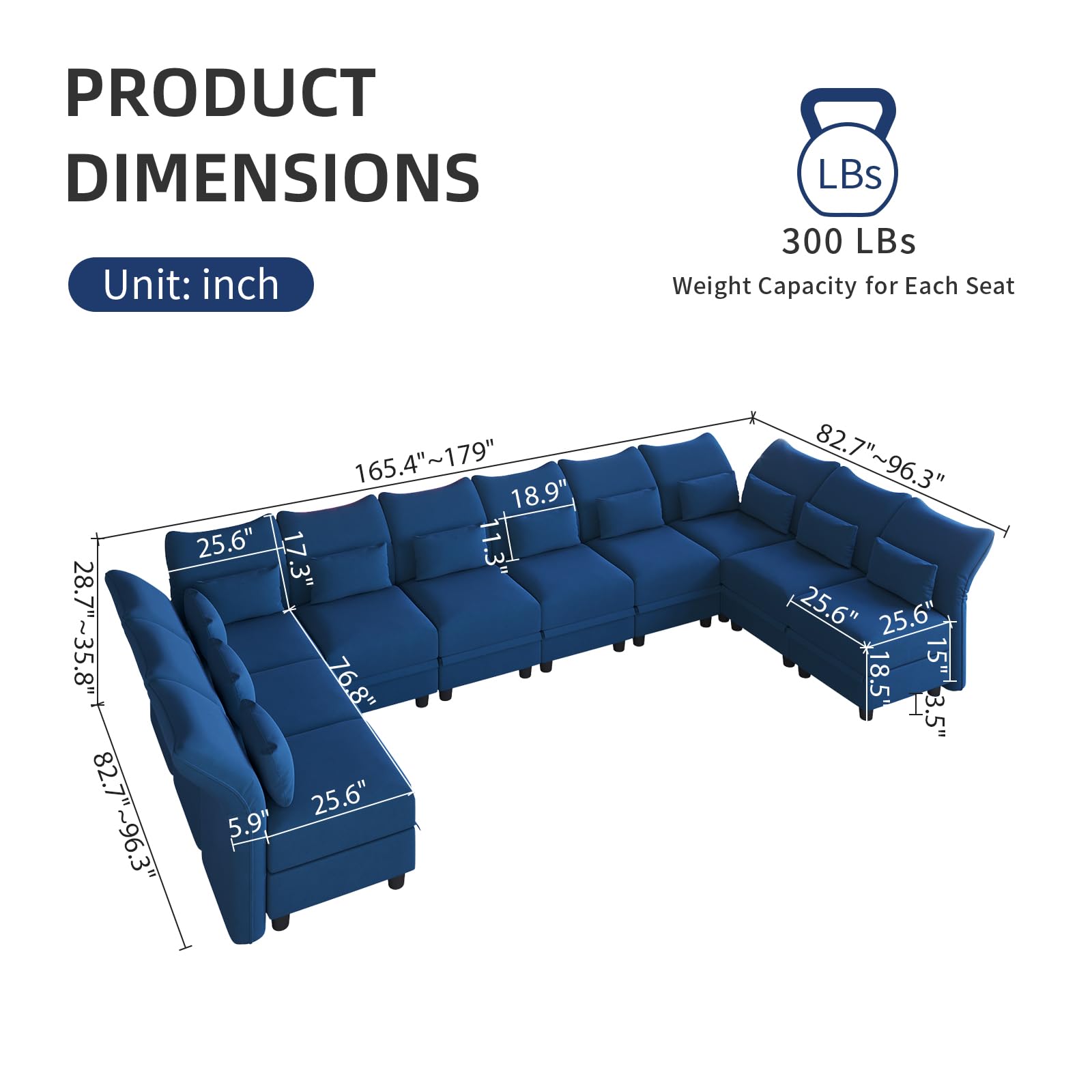 LLappuil Sectional Couch Convertible Oversize U Shaped Modular Sectional Sofa with Storage Easy Clean Anti-Scratch 10 Seat Velvet Sectional for Living Room, Blue