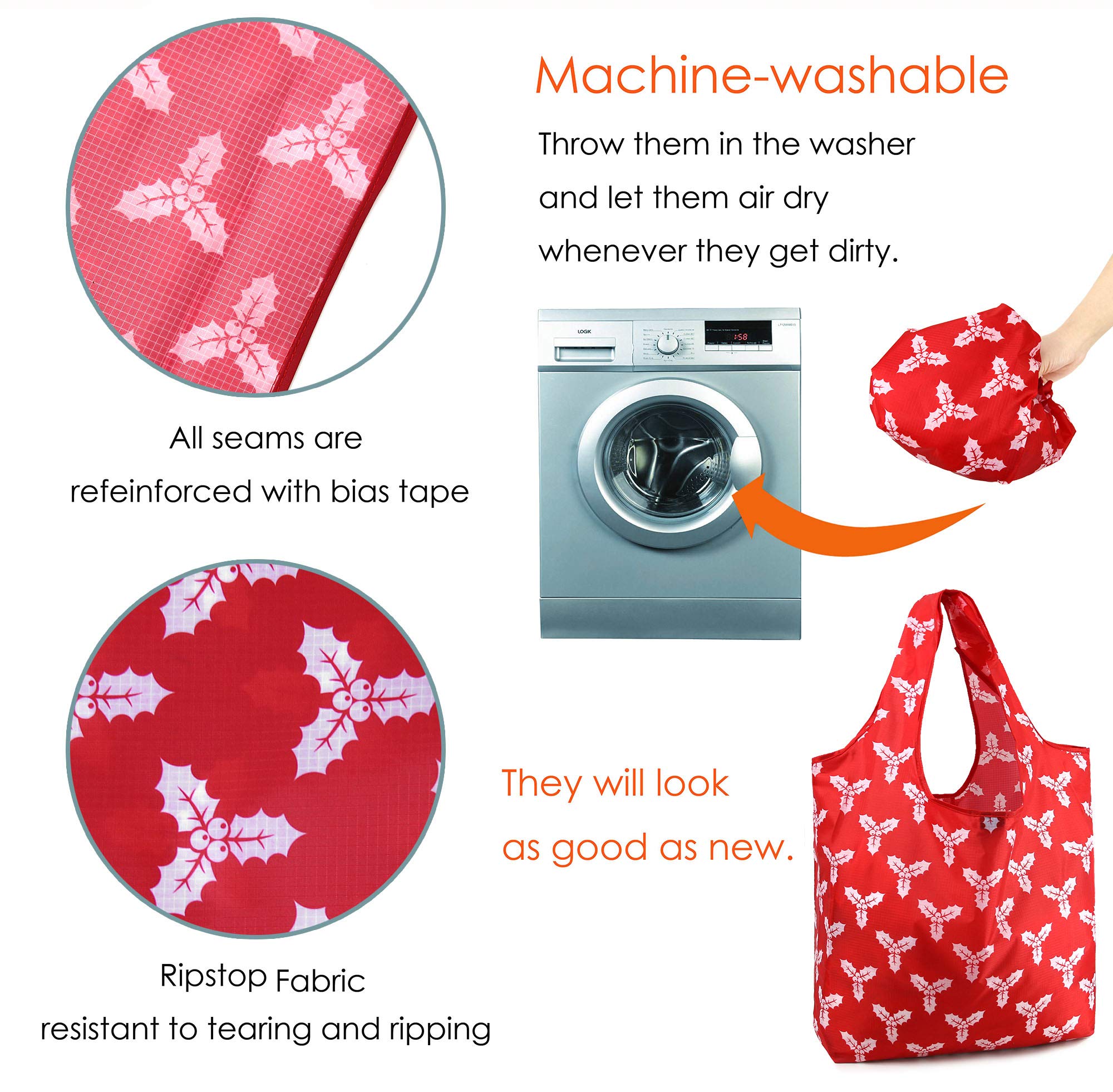 BeeGreen Christmas Red Reusable Grocery Bags 12 Pack with Storage Pouch & Elastic Band Gift Bags Shopping Tote Bags Bulk Ripstop 50LBS Extra Large Foldable Machine Washable