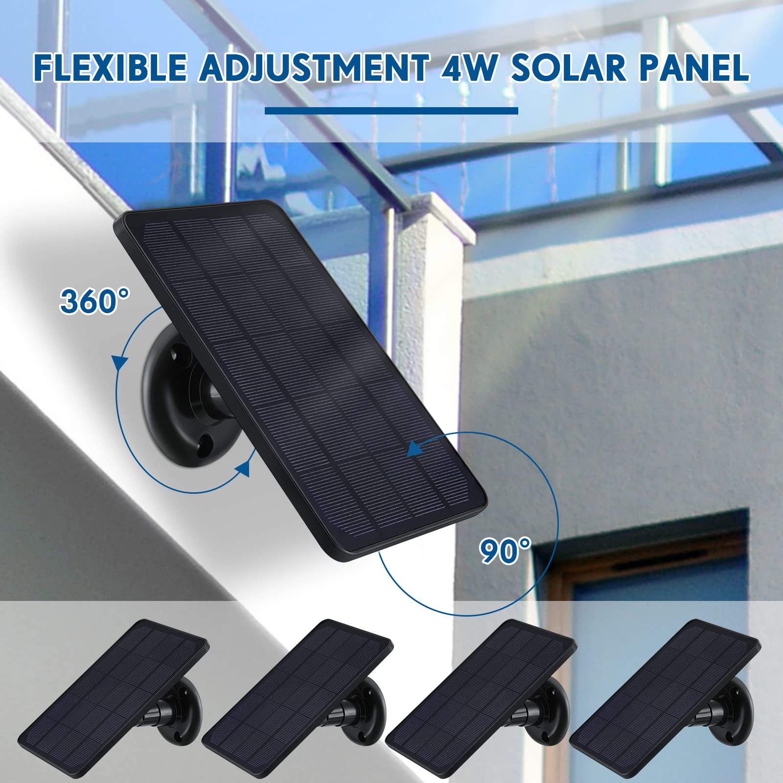 Fabbay Solar Panels for Security Camera Charging Solar Panel for Wireless Camera 360° Adjustable Mounting Solar Panels IP67 Waterproof Compatible with DC 5V 4W Camera USB or USB-C Port (Black, 8 Pack)