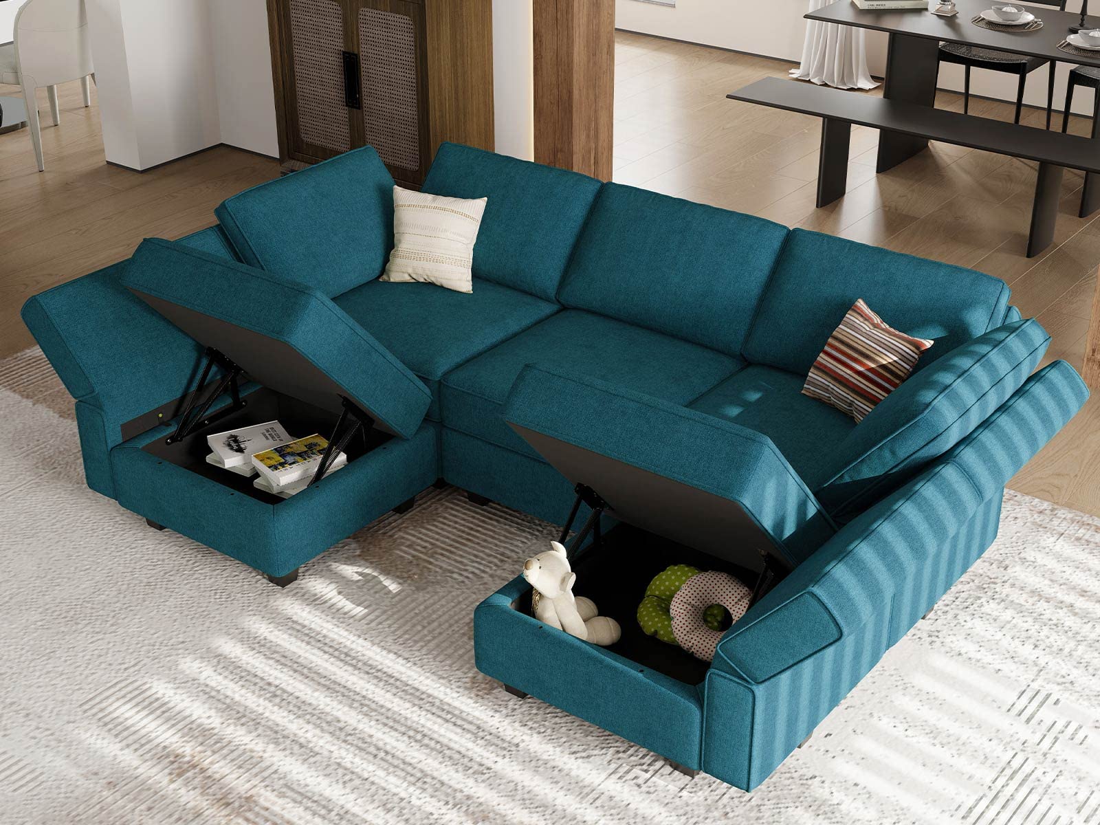 Belffin Sectional U Shaped Sofa Small Reversible Chaise Sectional Couch Convertible Ottoman Modular Sofa Couch Peacock Blue