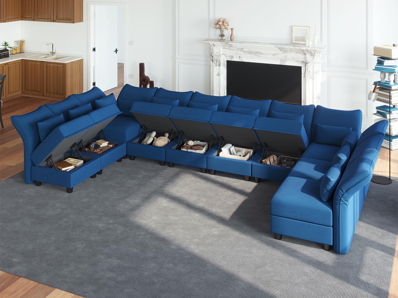 LLappuil Sectional Couch Convertible Oversize U Shaped Modular Sectional Sofa with Storage Easy Clean Anti-Scratch 10 Seat Velvet Sectional for Living Room, Blue
