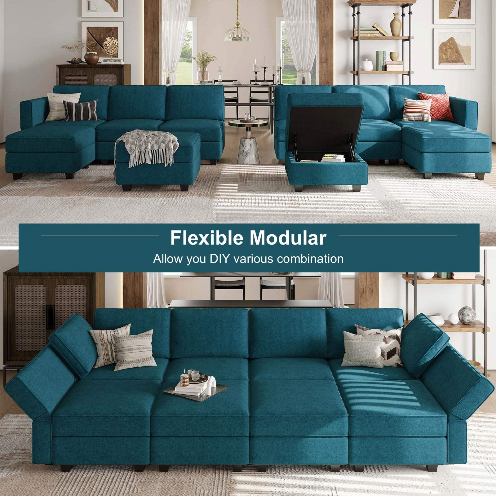 Belffin Sectional U Shaped Sofa Small Reversible Chaise Sectional Couch Convertible Ottoman Modular Sofa Couch Peacock Blue