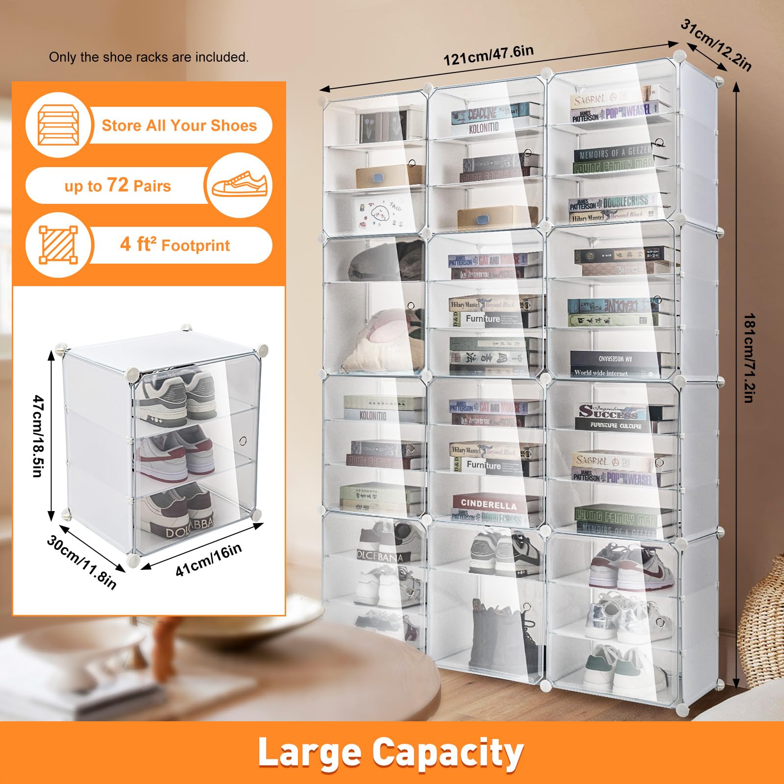 DDBESSIC Shoe Rack Organizer, 72 Pair Shoe Storage Cabinet with Door Cube Bookcase Storage Shelf Bookshelf Expandable Plastic Shoe Shelves for Closet, Entryway, Hallway, Bedroom
