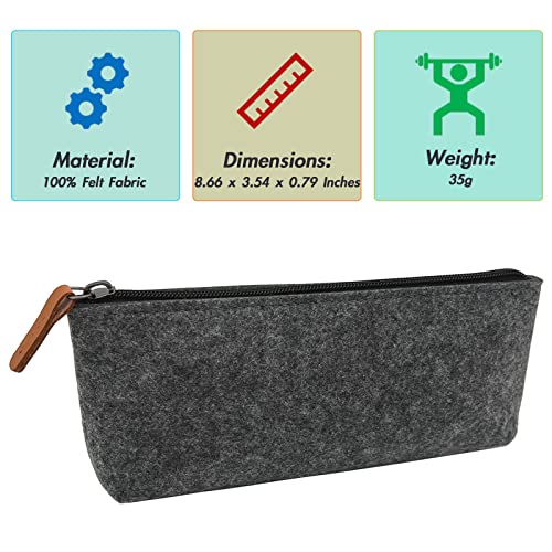 Suekiria Felt Pencil Case, 3-Pcs Pen Pouch, Small Pencil Bag with Zipper, Portable Stationery Holder, 8.6'' x 3.5'', Washable, Durable, Lightweight, High Capacity - Grey, Dark Grey