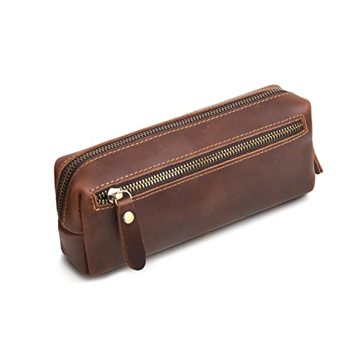WONDERPOOL Pen Case Real Leather Pencil Pouch Markers Holder Big Capacity Bag with Side Zippered Pocket Sleeve for Stationery Makeup Utensils Organizer (Coffee)