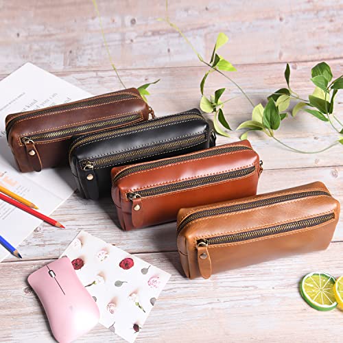 WONDERPOOL Pen Case Real Leather Pencil Pouch Markers Holder Big Capacity Bag with Side Zippered Pocket Sleeve for Stationery Makeup Utensils Organizer (Coffee)