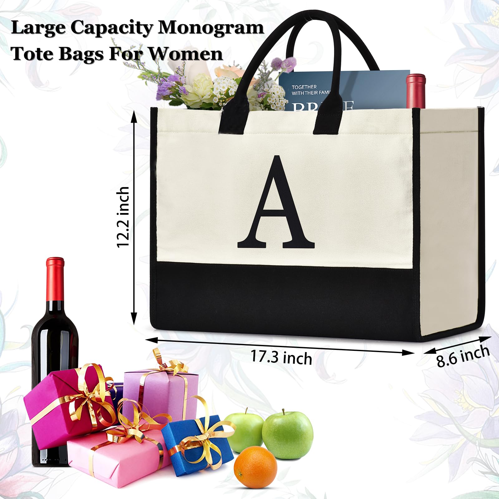 GASSDA Initial Canvas Tote Bag, Birthday Gifts For Women, Monogram Personalized Gifts For Women Mom Teachers Bridesmaids