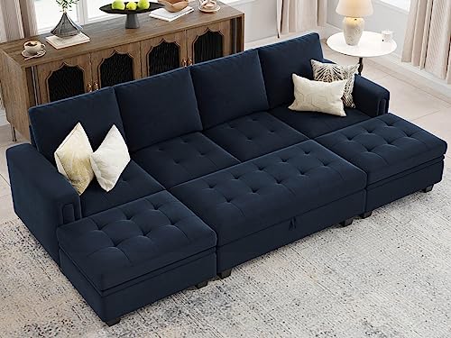 Belffin Velvet Convertible 4-Seat Sectional Sleeper Sofa with Reversible Chaise Sleeper Sectional Couch Bed with Storage Ottoman Sectional Sofa Couch Set Blue