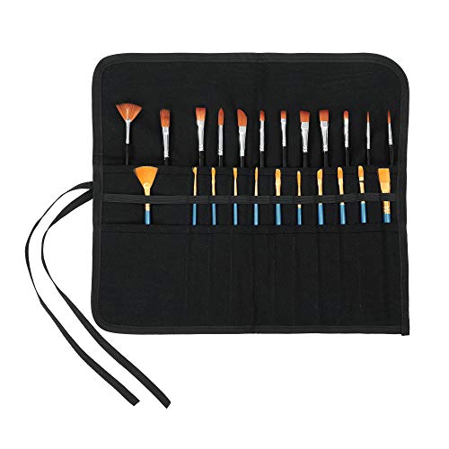 Denifiter 22 Pockets Waxed Canvas Roll-up Pencil Bag, Heavy Duty Portable Watercolor Oil Brush Canvas Pouch ( Black )