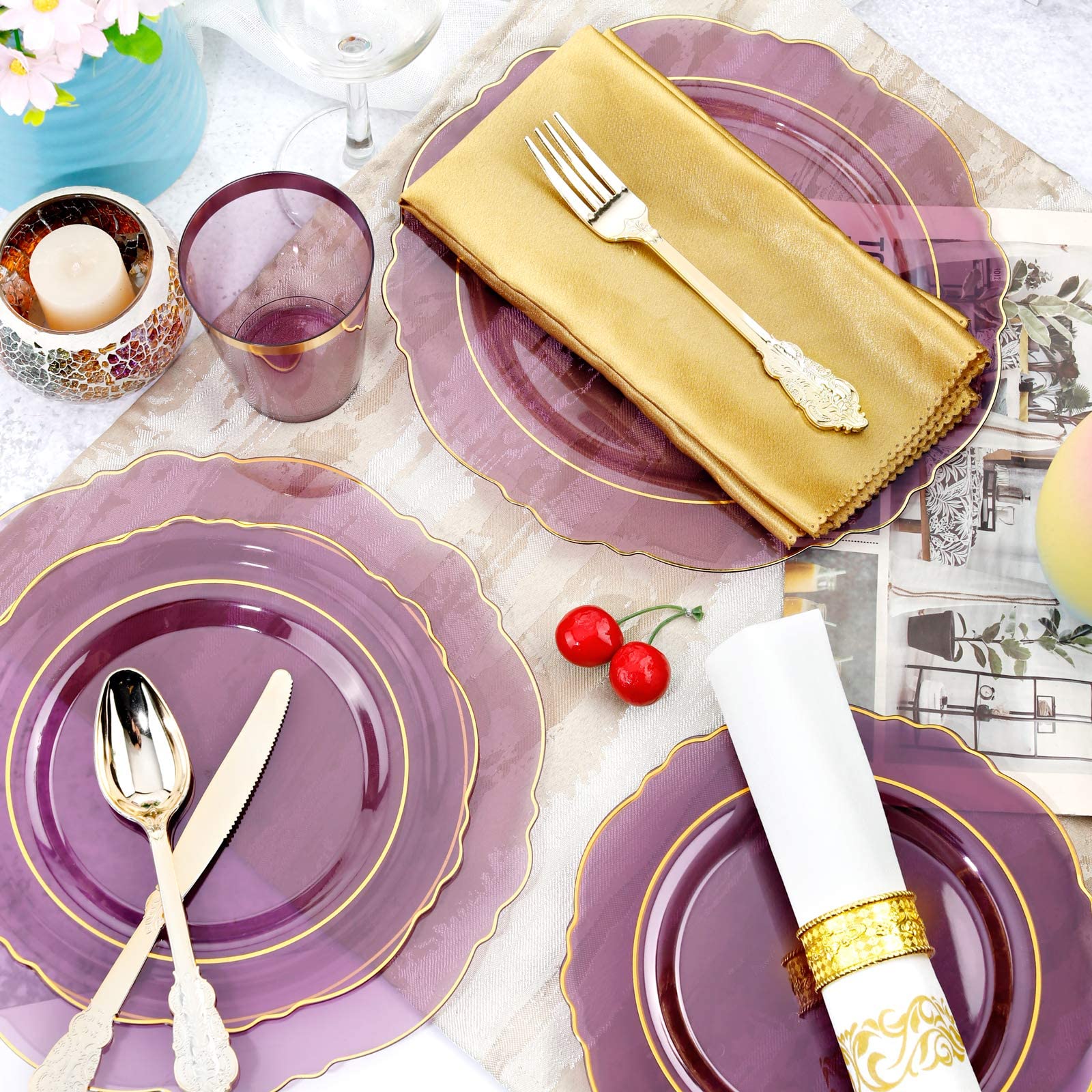 KIRE 210Pcs Purple Plastic Plates with Gold Rim& Silverware &Cups&Hand Napkin- Mardi Gras Plates - Baroque Clear Plastic Dinnerware for Upscale Wedding, Parties, Mothers Day, Easter