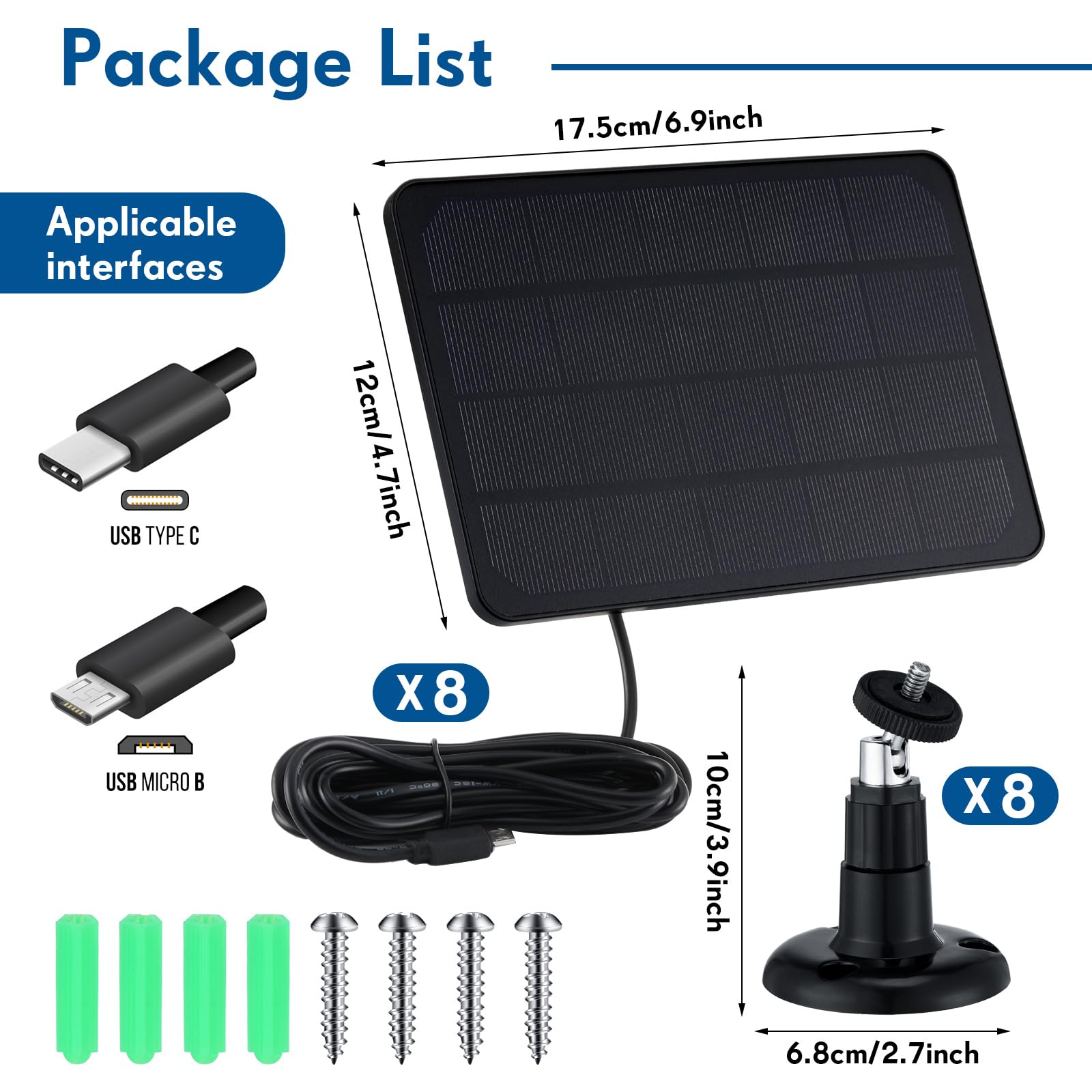 Fabbay Solar Panels for Security Camera Charging Solar Panel for Wireless Camera 360° Adjustable Mounting Solar Panels IP67 Waterproof Compatible with DC 5V 4W Camera USB or USB-C Port (Black, 8 Pack)
