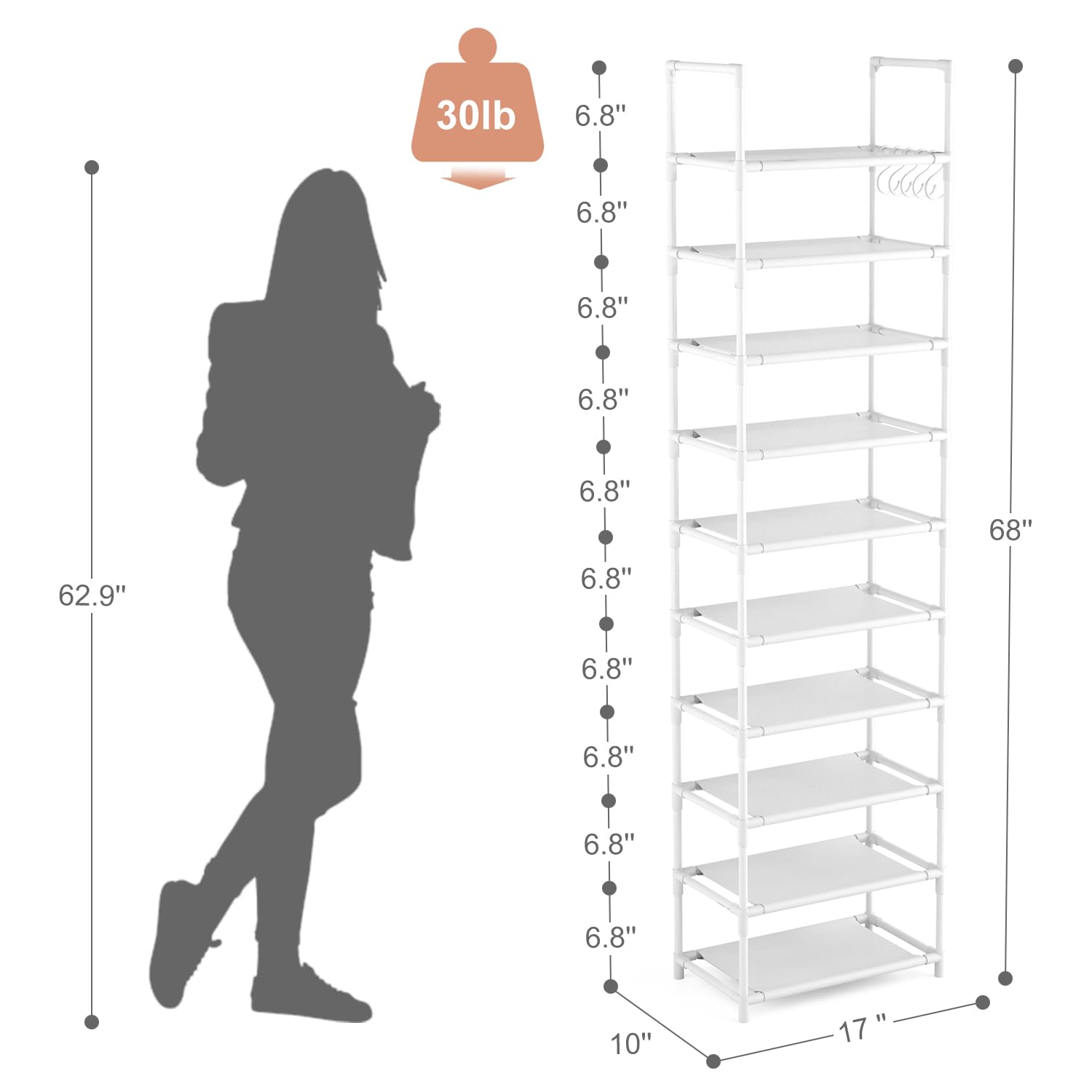 LANTEFUL 10 Tiers Tall Shoe Rack 20-25 Pairs Boots Organizer Storage Sturdy Narrow Shoe Shelf for Entryway, Closets with Hooks, White