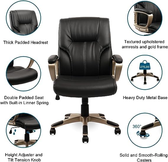 CLATINA Deluxe Executive Office Chair Enhanced Comfort with Padded Armrests, Ergonomic PU Leather Design, Nylon Lacquered Computer Desk Chair with Lumbar Support, Ideal for Home Office Black