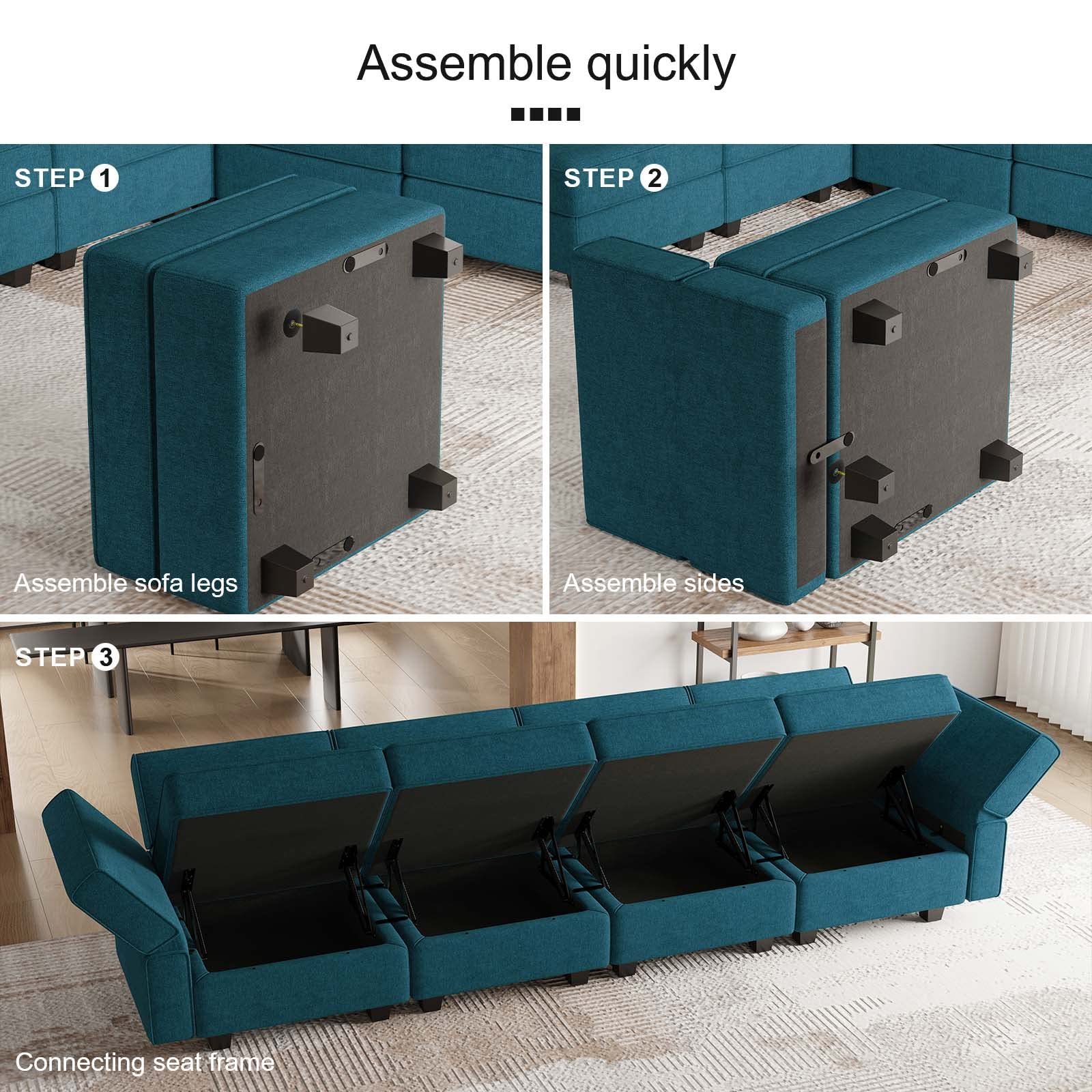 Belffin Sectional U Shaped Sofa Small Reversible Chaise Sectional Couch Convertible Ottoman Modular Sofa Couch Peacock Blue