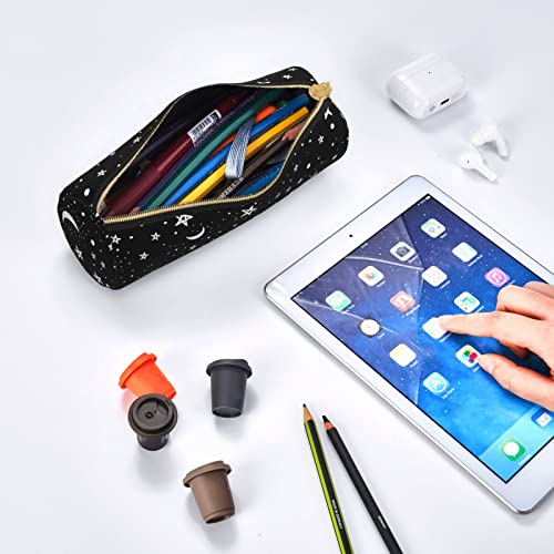 YANGDADA Black Moons White Stars Leather Cylinder Pencil Case, Pencil Pouch Medium Capacity Portable Multifunction Pen Bag For Girls Boys Kids Teen
