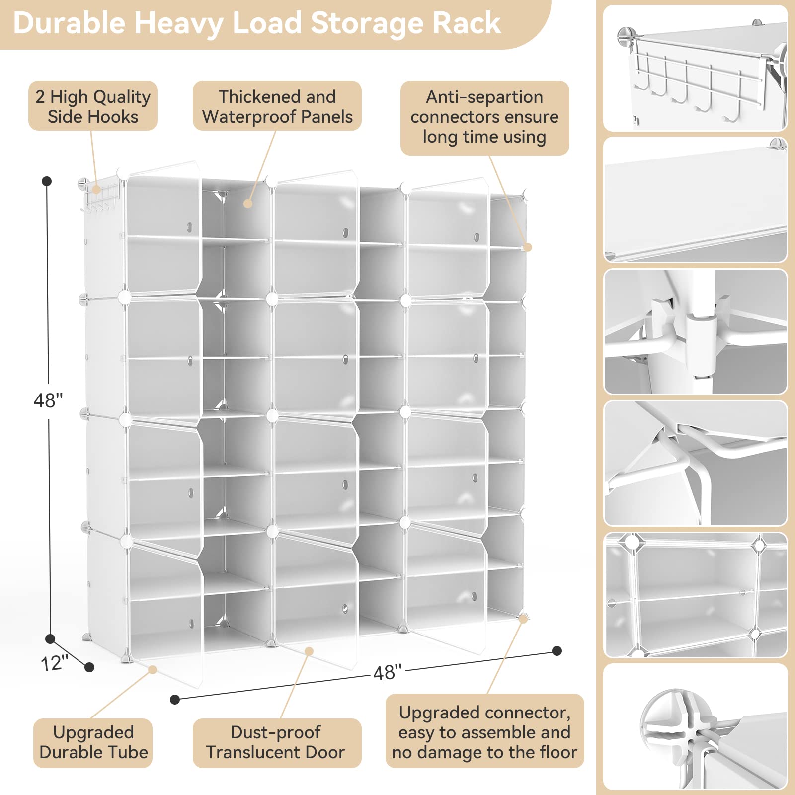 WEXCISE Portable Shoe Rack Organizer with Door, 48 Pairs Storage Cabinet Easy Assembly, Plastic Adjustable Stackable Detachable Free Standing DIY Expandable 8 Tier White, (NNF-XJ-012)