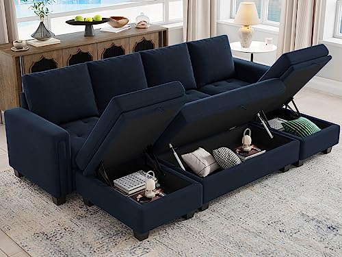 Belffin Velvet Convertible 4-Seat Sectional Sleeper Sofa with Reversible Chaise Sleeper Sectional Couch Bed with Storage Ottoman Sectional Sofa Couch Set Blue