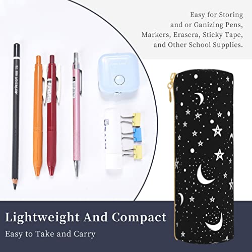 YANGDADA Black Moons White Stars Leather Cylinder Pencil Case, Pencil Pouch Medium Capacity Portable Multifunction Pen Bag For Girls Boys Kids Teen