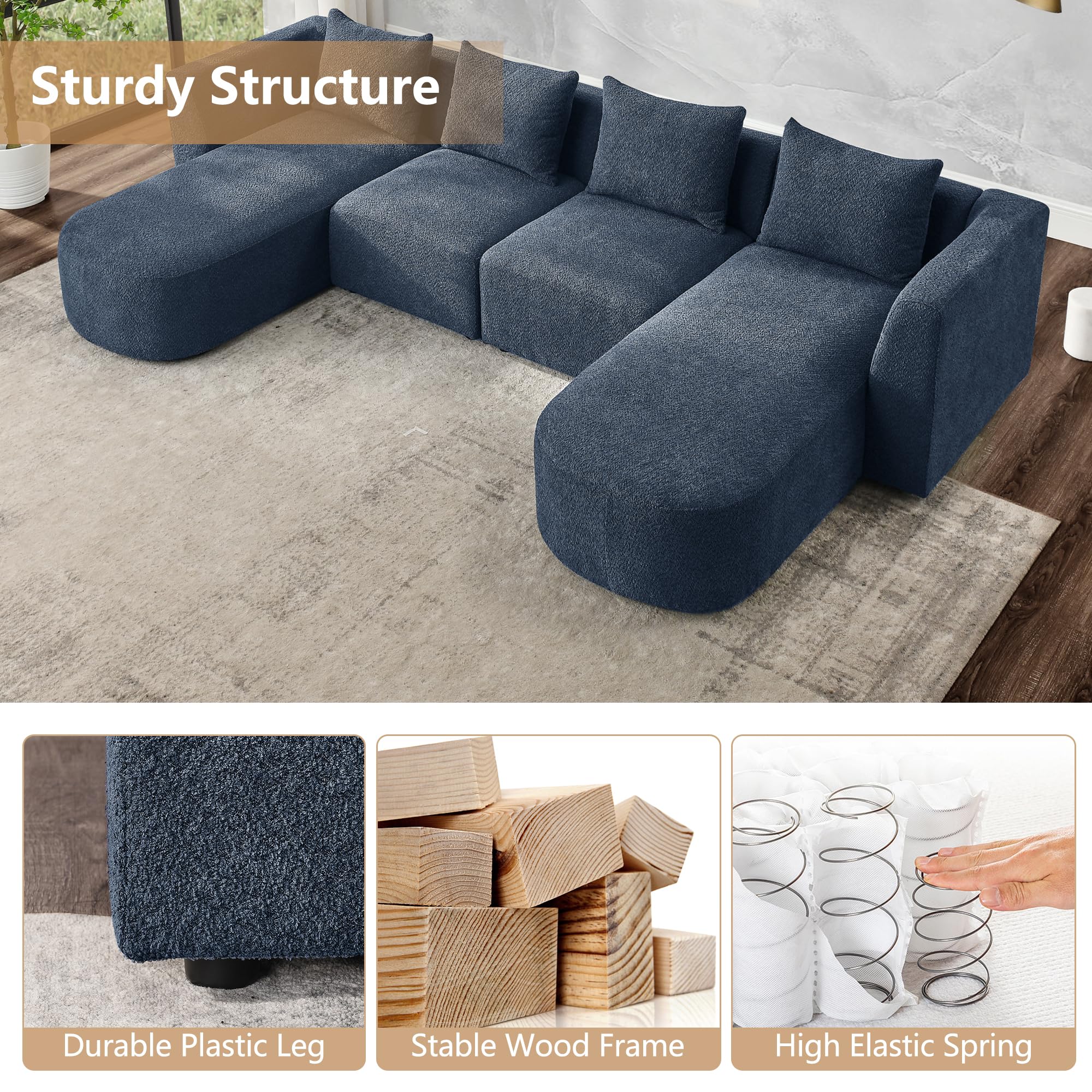 Tmsan Modular Sectional Sofa, Modern Minimalist U Shaped Couch, 117" Comfy Cloud Couches Set with Chaise & Pillows for Living Room, Blue Boucle Fabric