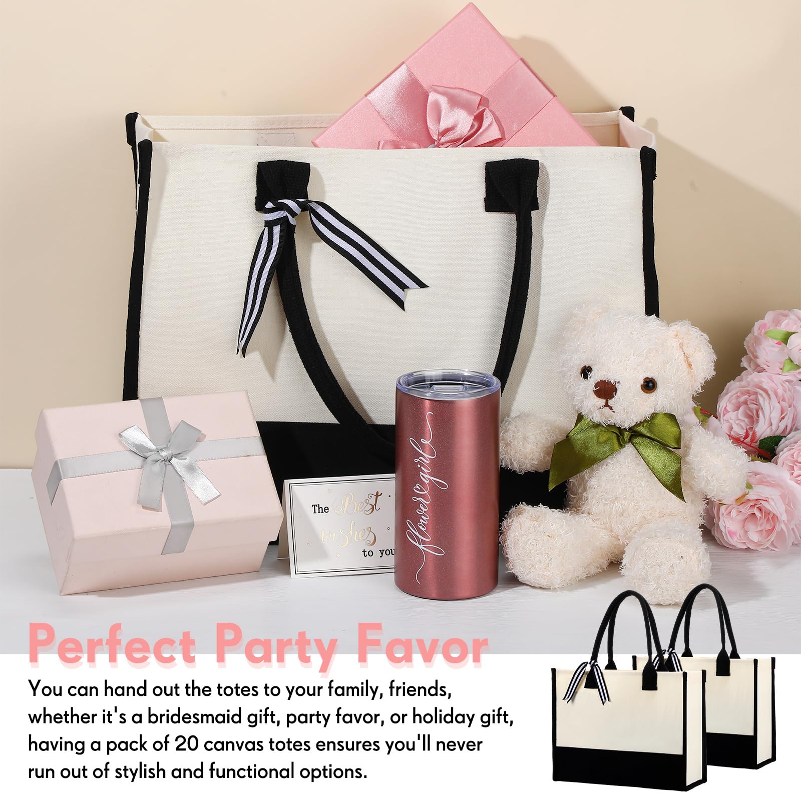 Sweetude 20 Pcs Canvas Beach Bag Initial Classic Present Bag for Women DIY Personalized Canvas Tote Bag for Wedding Bridal Bridesmaid Birthday Beach Holiday(Natural White)