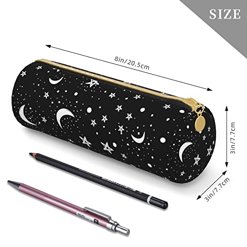 YANGDADA Black Moons White Stars Leather Cylinder Pencil Case, Pencil Pouch Medium Capacity Portable Multifunction Pen Bag For Girls Boys Kids Teen