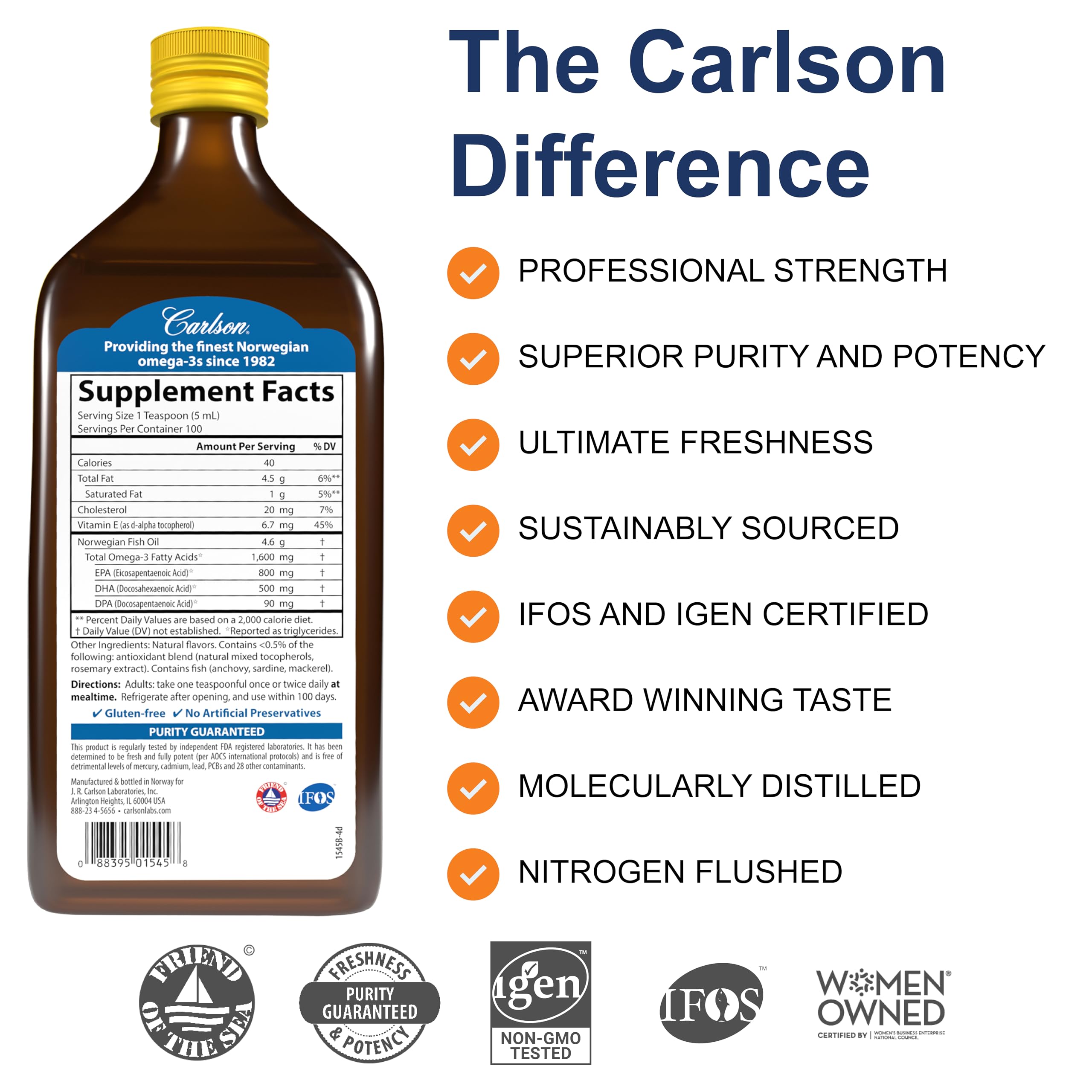 Carlson - The Very Finest Fish Oil, 1600 mg Omega-3s, Liquid Supplement, Norwegian, Wild-Caught, Sustainably Sourced , Lemon, 16.9 Fl Oz