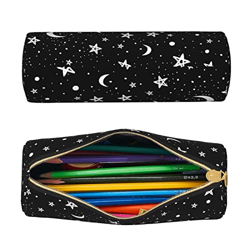 YANGDADA Black Moons White Stars Leather Cylinder Pencil Case, Pencil Pouch Medium Capacity Portable Multifunction Pen Bag For Girls Boys Kids Teen