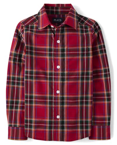 The Children's Place Boys' Long Sleeve Poplin Button Down Shirt, Red Birch Plaid, Small
