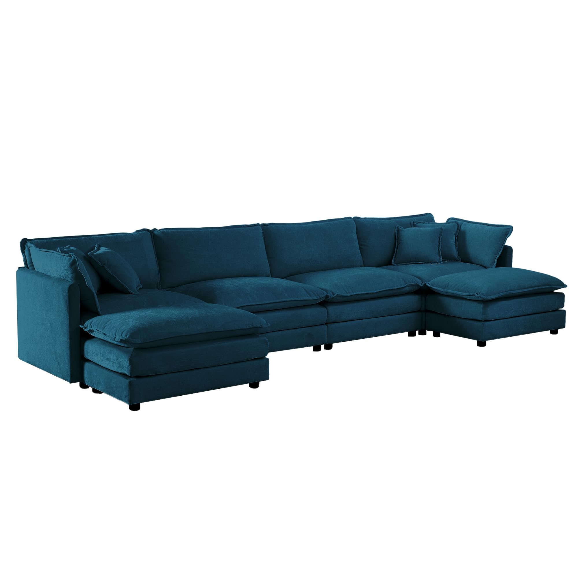 kevinplus 146.5'' Blue Large Sectional Sofa Couch U-Shaped with Ottoman for Living Room, Modern Contemporary Modular Sofa Couch for Apartment Office, Chenille Fabric (4-Seat Couch + 2 Ottoman)