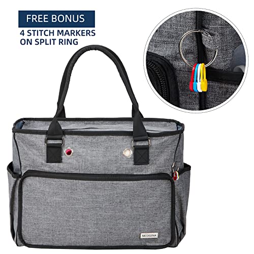NICOGENA Knitting Bag, Portable Yarn Storage Tote for Yarn Skeins and Accessories Tangle Free with 4 Oversized Grommets, Gray