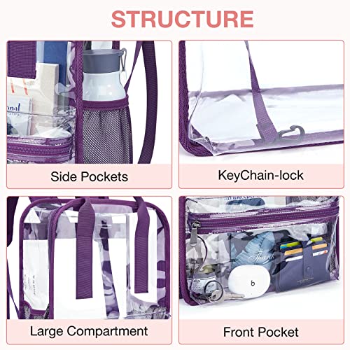 mommore Heavy Duty Clear Backpack Durable See Through Bookbags for Work (Purple, Large)