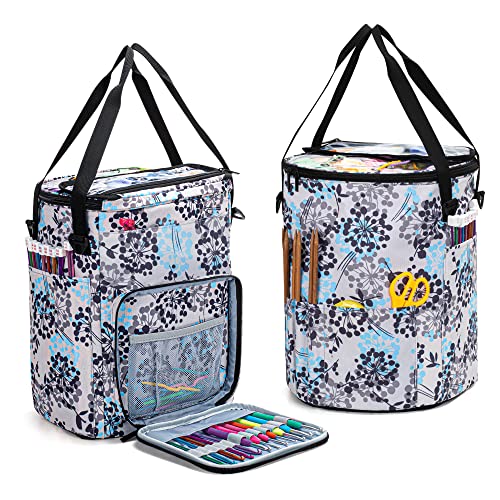 Teamoy Knitting Tote Bag, Yarn Storage Crochet Bag Organizer for Knitting Needles, Yarn, Unfinished Projects, Crochet Hooks, and Other Supplies, Dandelion